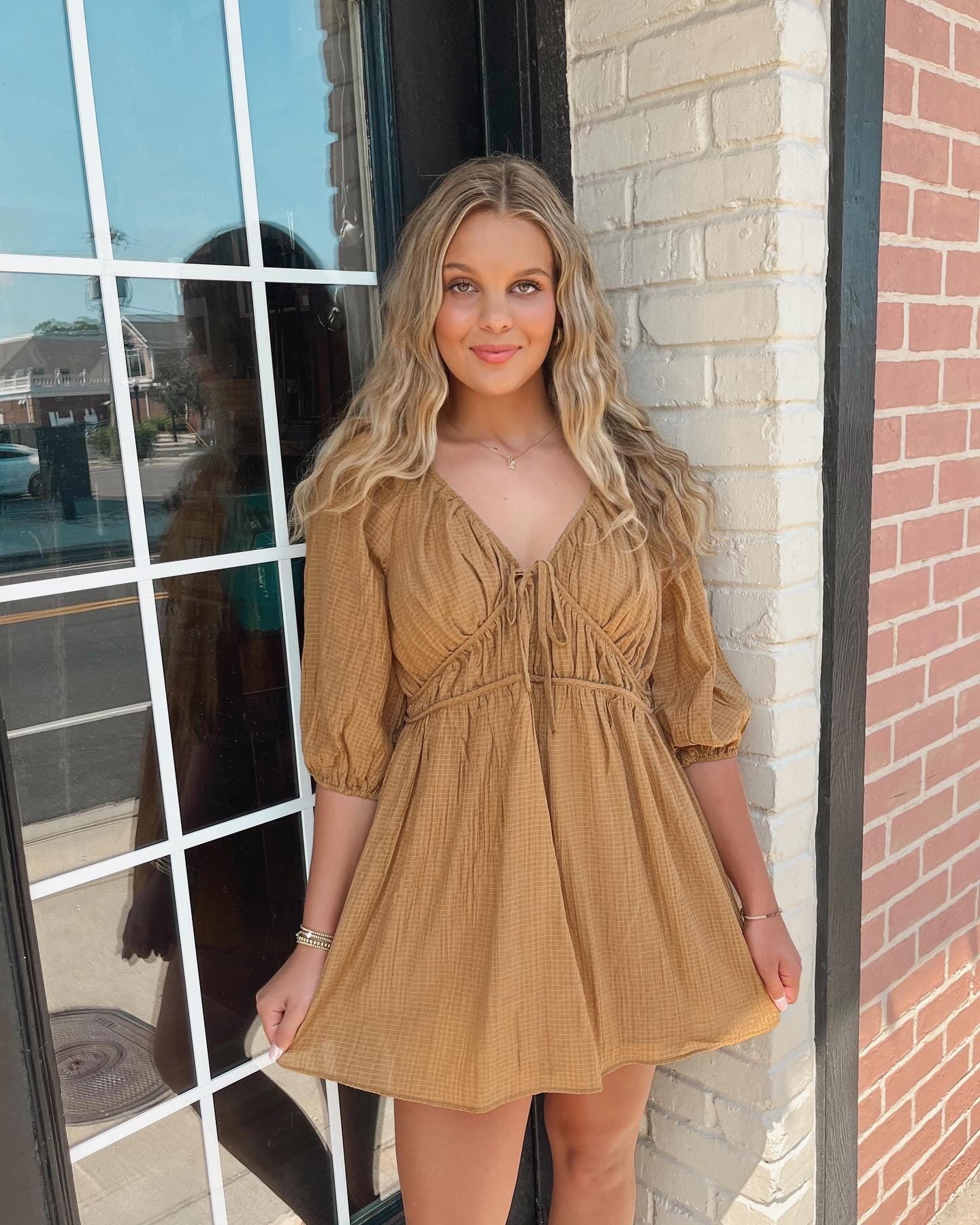 Gingham Print Mini Dress | Caramel – The Boutique by Brooklyn Paige